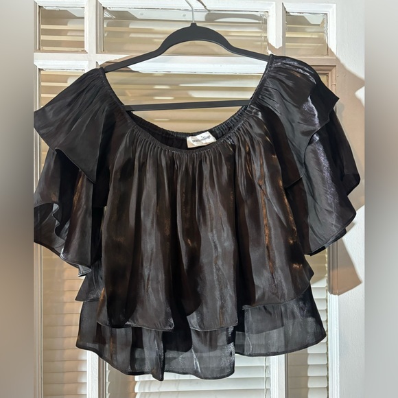 Tops | Small Black Ruffled Shimmery Blouse | Poshmark